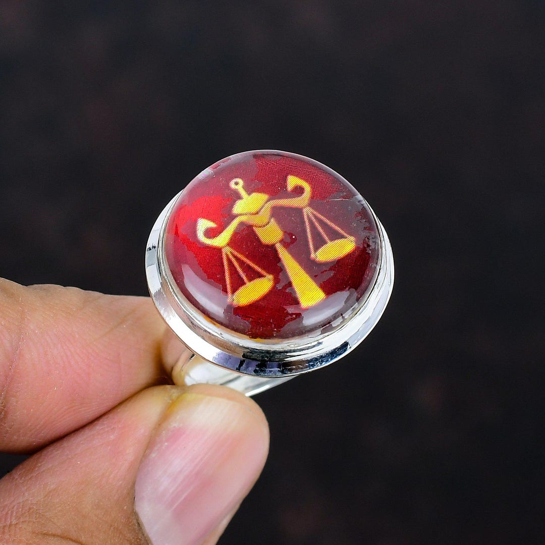 Libra Zodiac Sterling Silver Ring, Red Onyx Gemstone, Adjustable ...