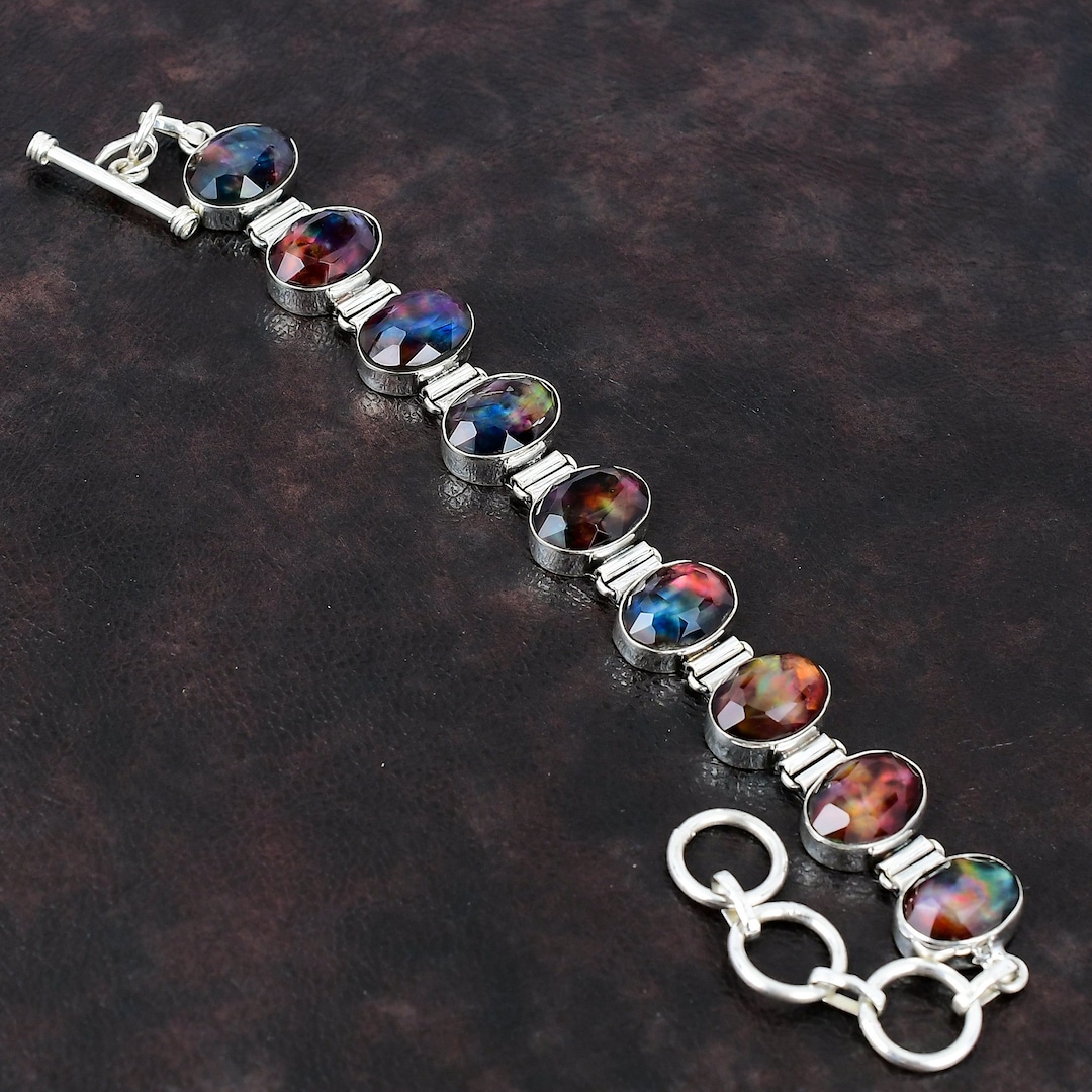 Faceted Ammolite Bracelet Natural Gemstone Bracelet Handmade Jewelry ...