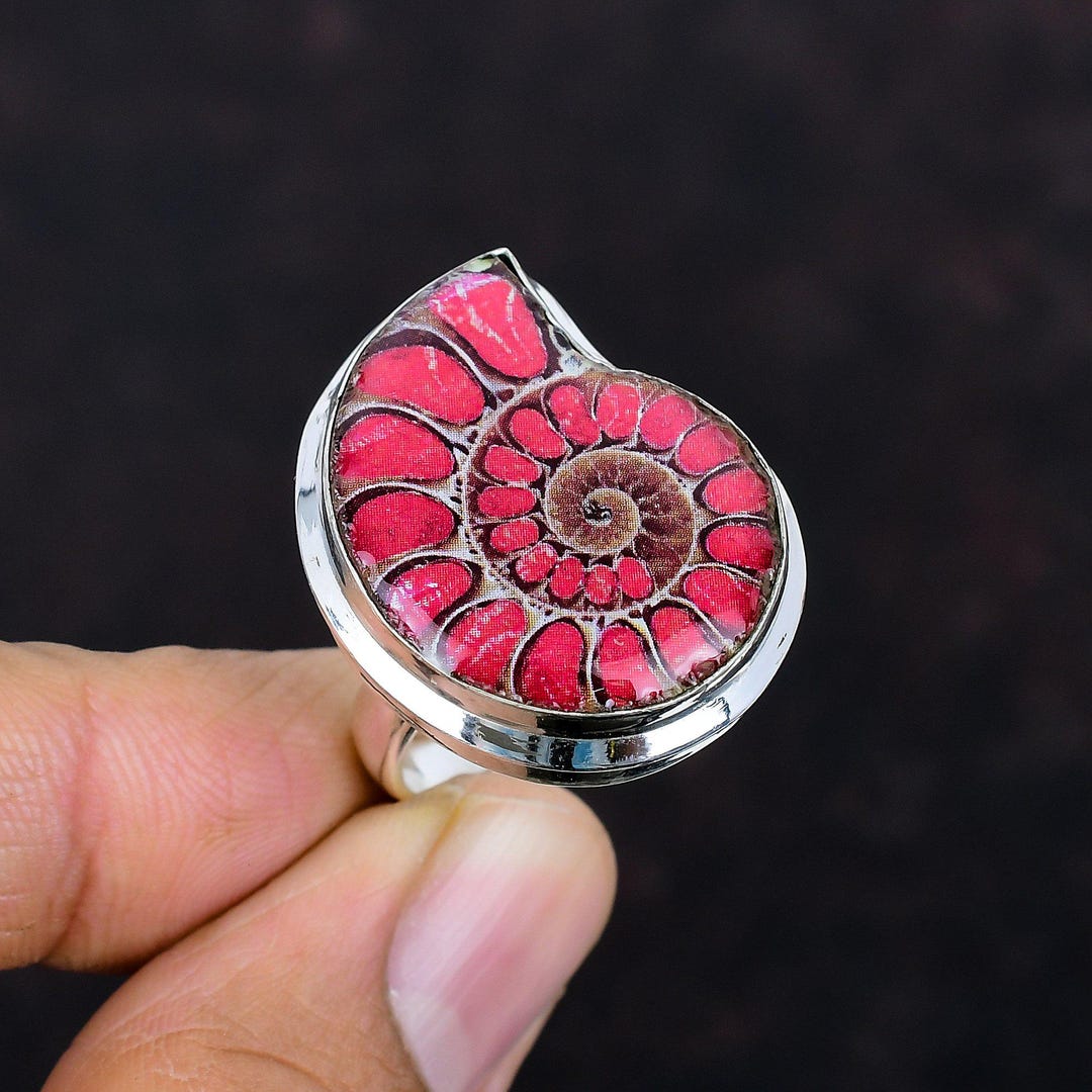 Pink Shade Ammonite Fossil Ring: Handmade 925 Sterling Silver ...