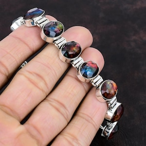 Faceted Ammolite Bracelet: Handmade 925 Sterling Silver Adjustable ...