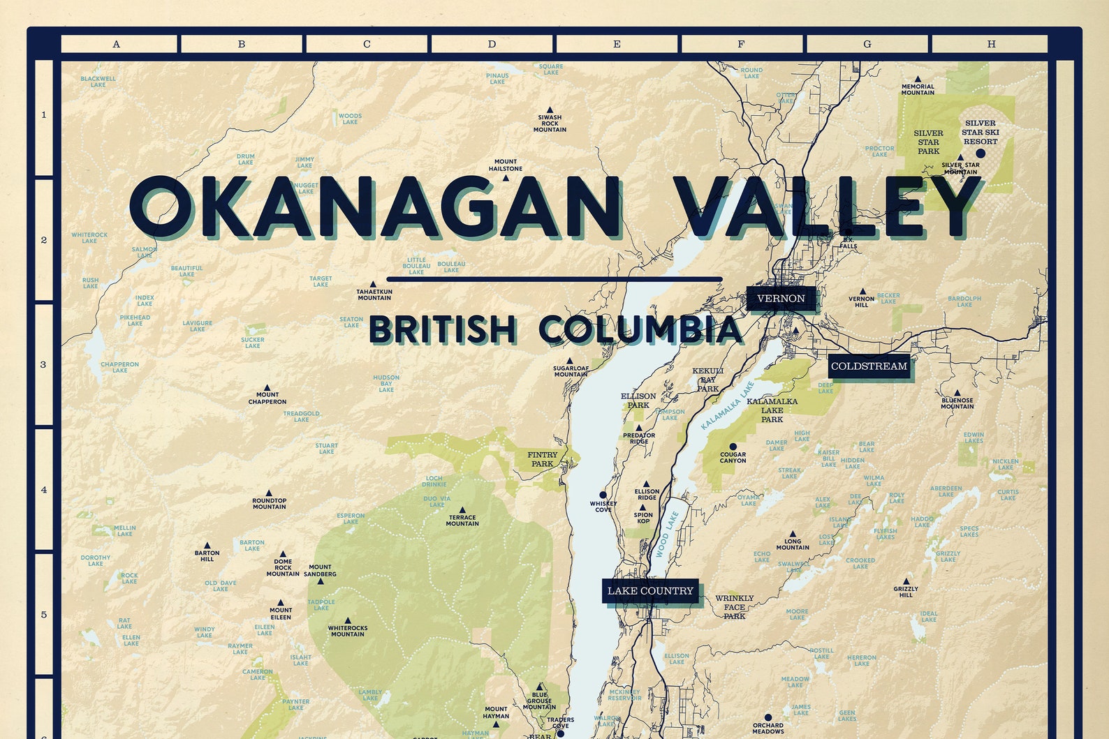 Okanagan Valley Map Poster | Kelowna Vernon Penticton Lake Okanagan ...