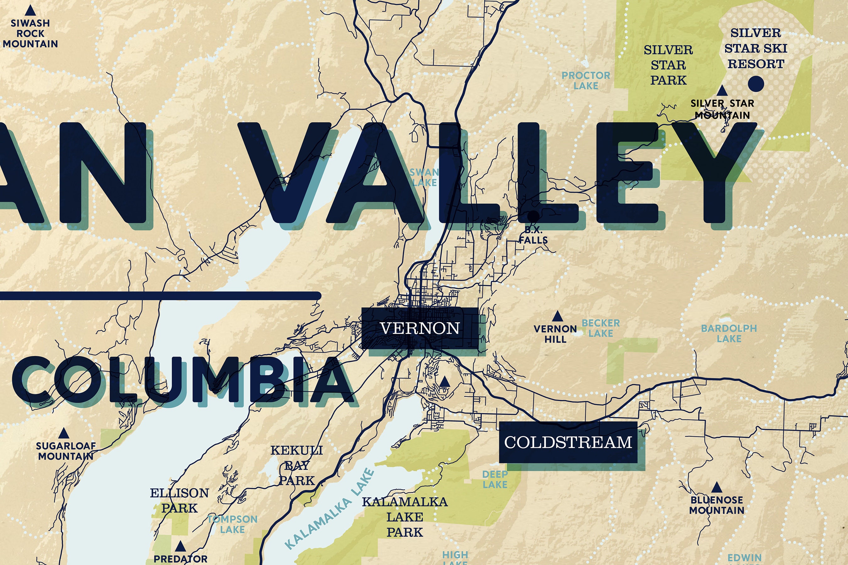 Okanagan Valley Map Poster | Kelowna Vernon Penticton Lake Okanagan ...