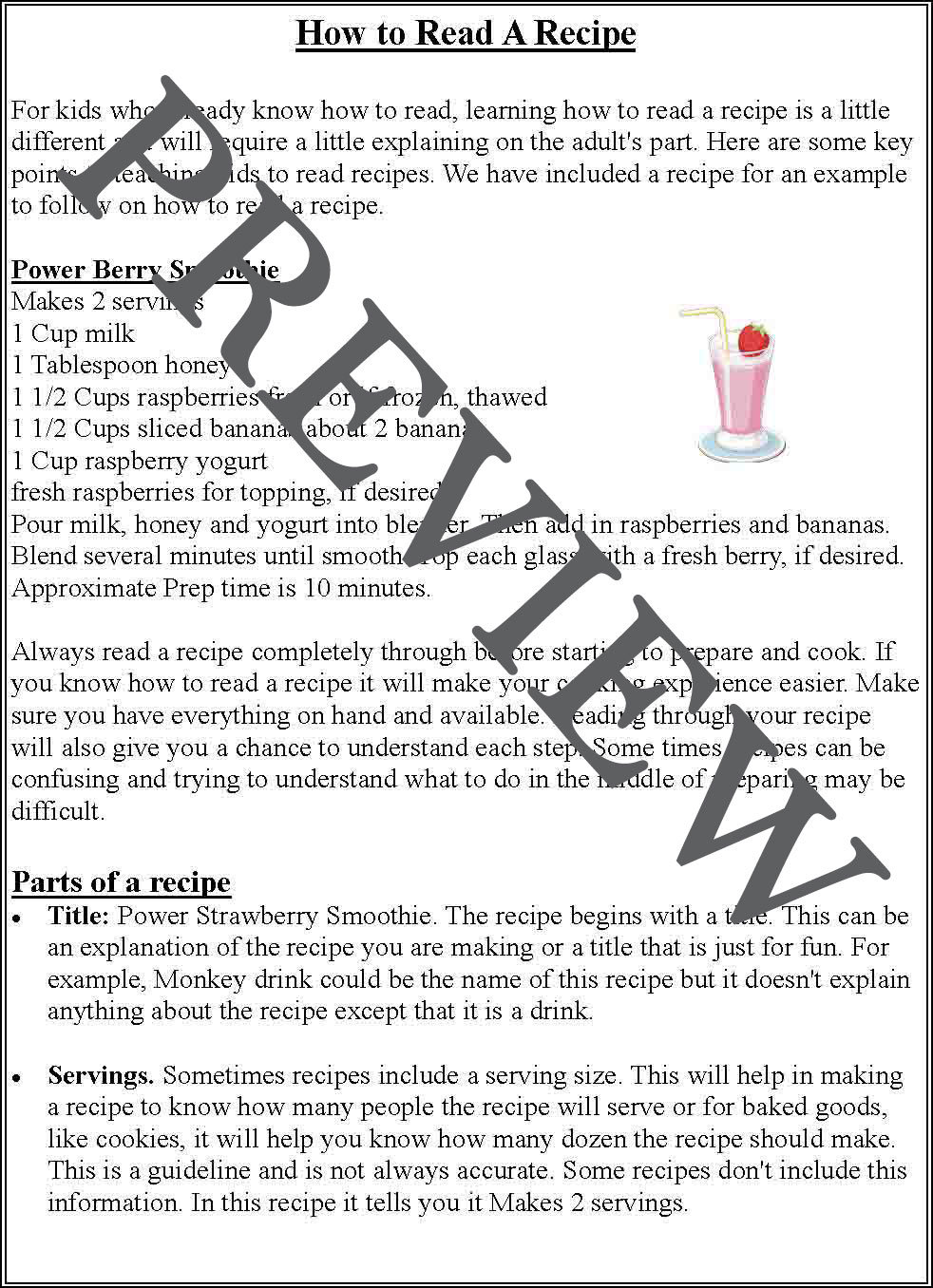 How to Read a Recipe Activity Cooking With Kids Printable, Reading a ...