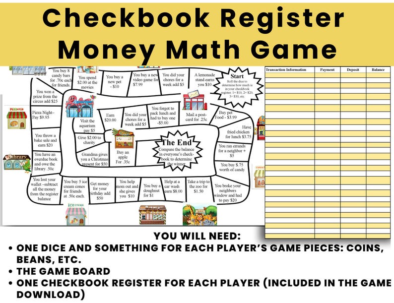 Checkbook Register Money Math Game – Printable Financial Literacy Board ...