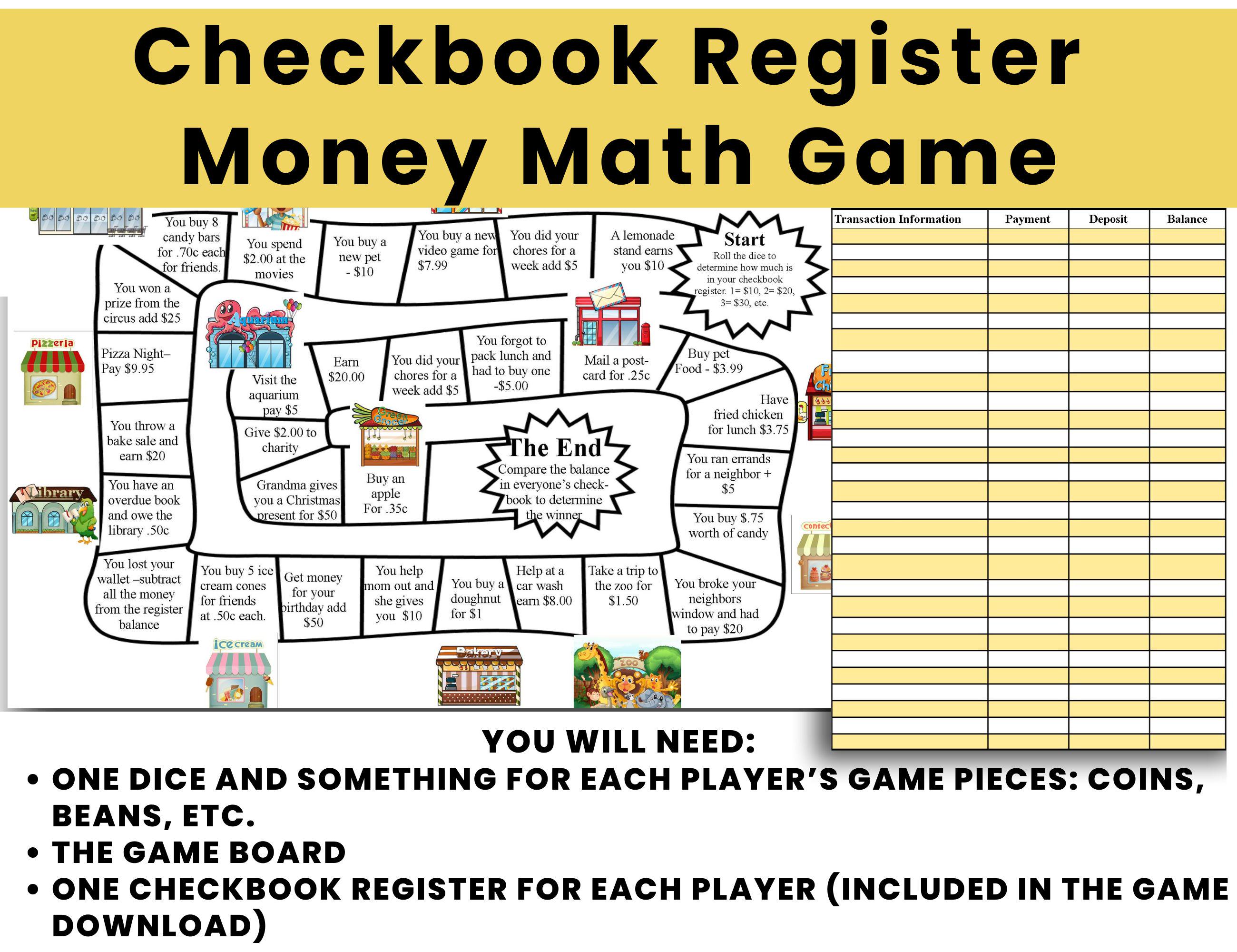 Checkbook Register Money Math Game – Printable Financial Literacy Board ...