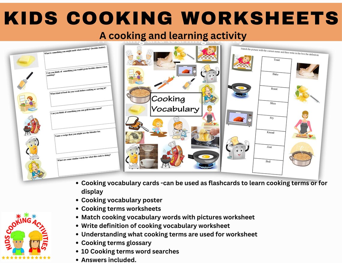 Cooking Vocabulary Worksheets: Kitchen Terms, Word Searches (digital ...
