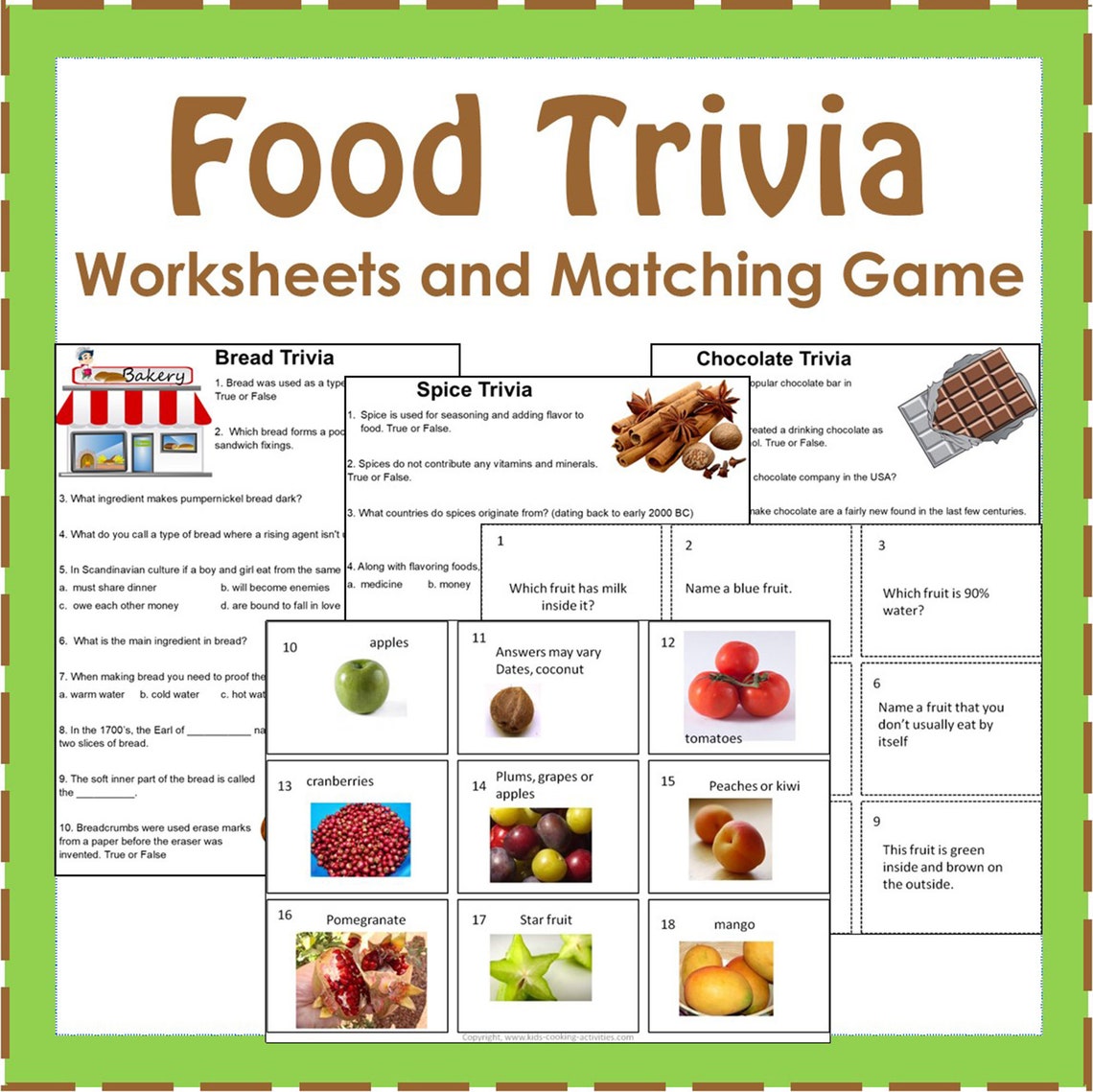 Food Trivia Worksheets & Matching Card Game: Healthy Eating Printables ...