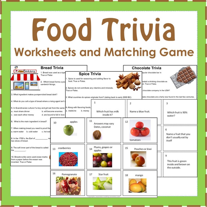 Food Trivia Worksheets and Matching Card Game- Food Group Healthy ...