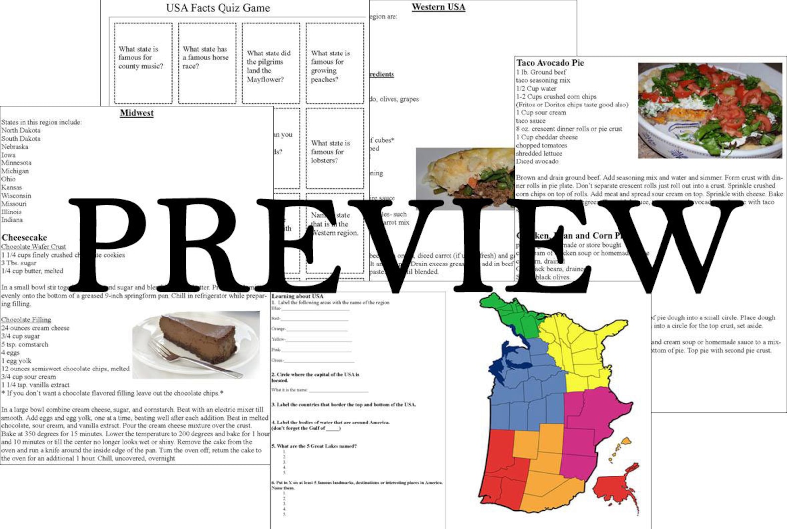 USA Regional Cooking Activities and Geography Worksheets-pies Across ...