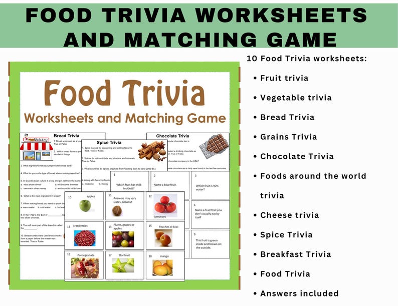 Food Trivia Worksheets and Matching Card Game- Food Group Healthy ...