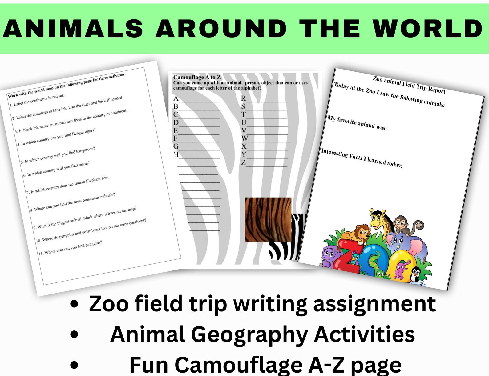 Animal Book Reports & Geography Activities: Kids School Printables - Etsy