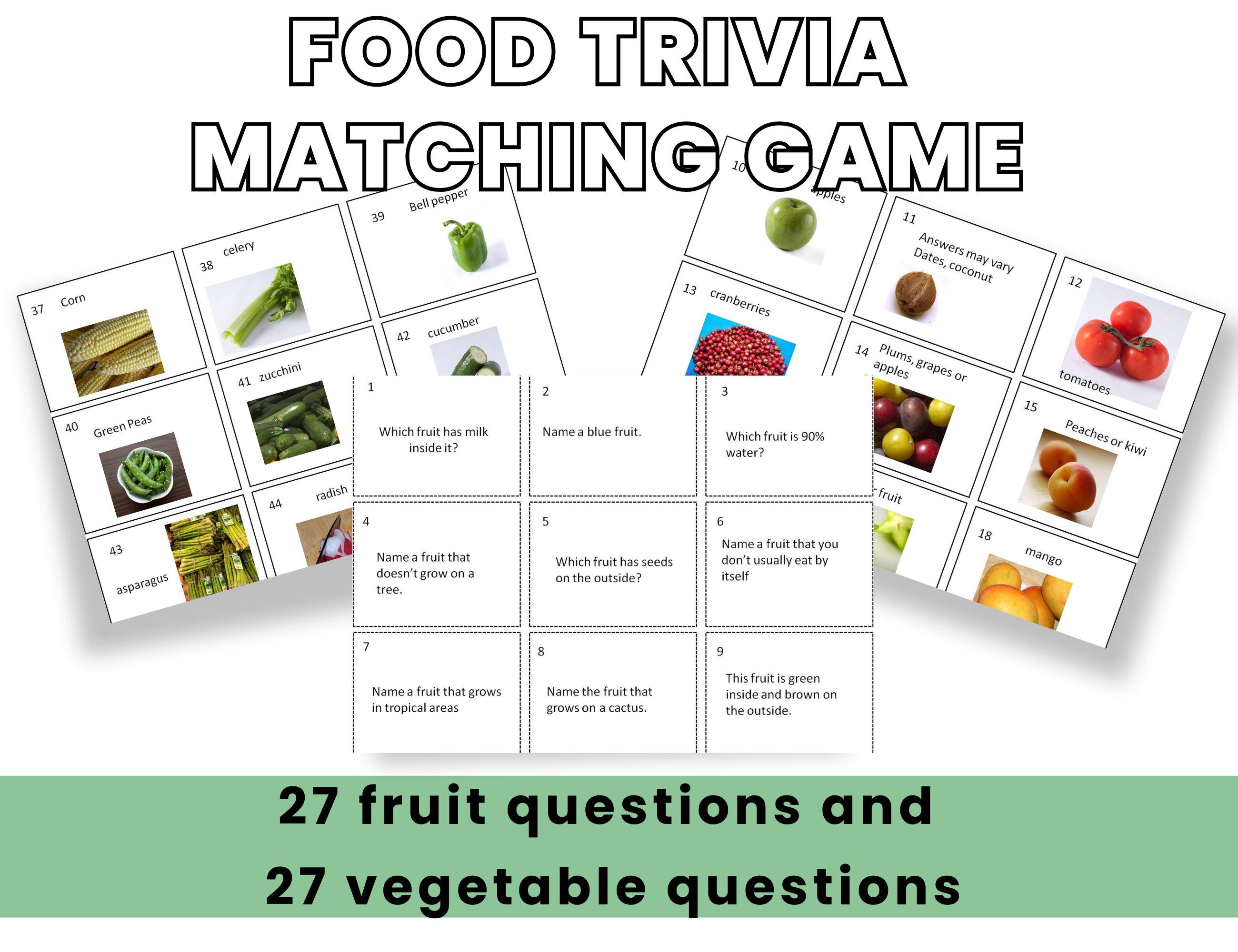 Food Trivia Worksheets & Matching Card Game: Healthy Eating Printables ...