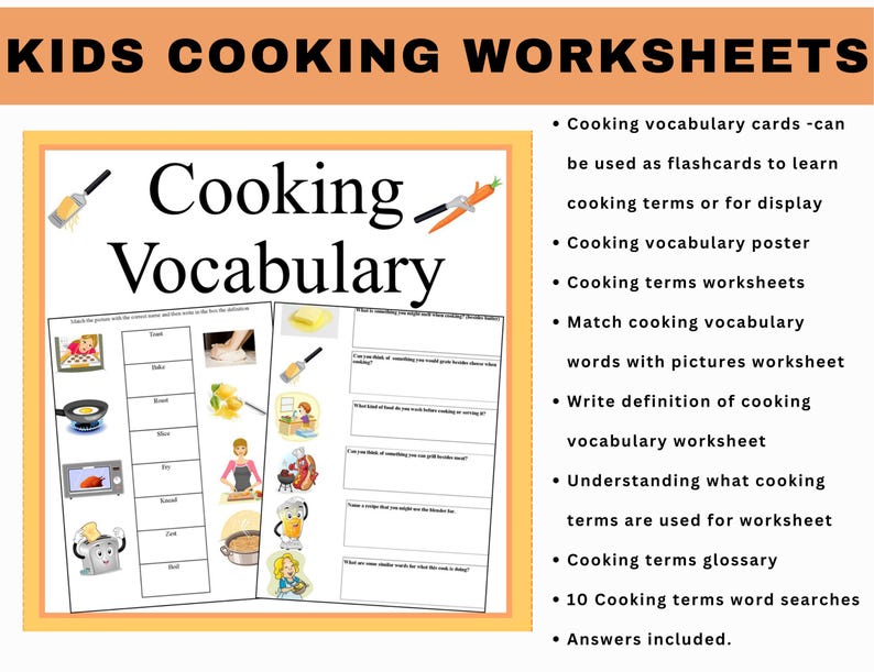Cooking Vocabulary Worksheets: Kitchen Terms, Word Searches (digital ...