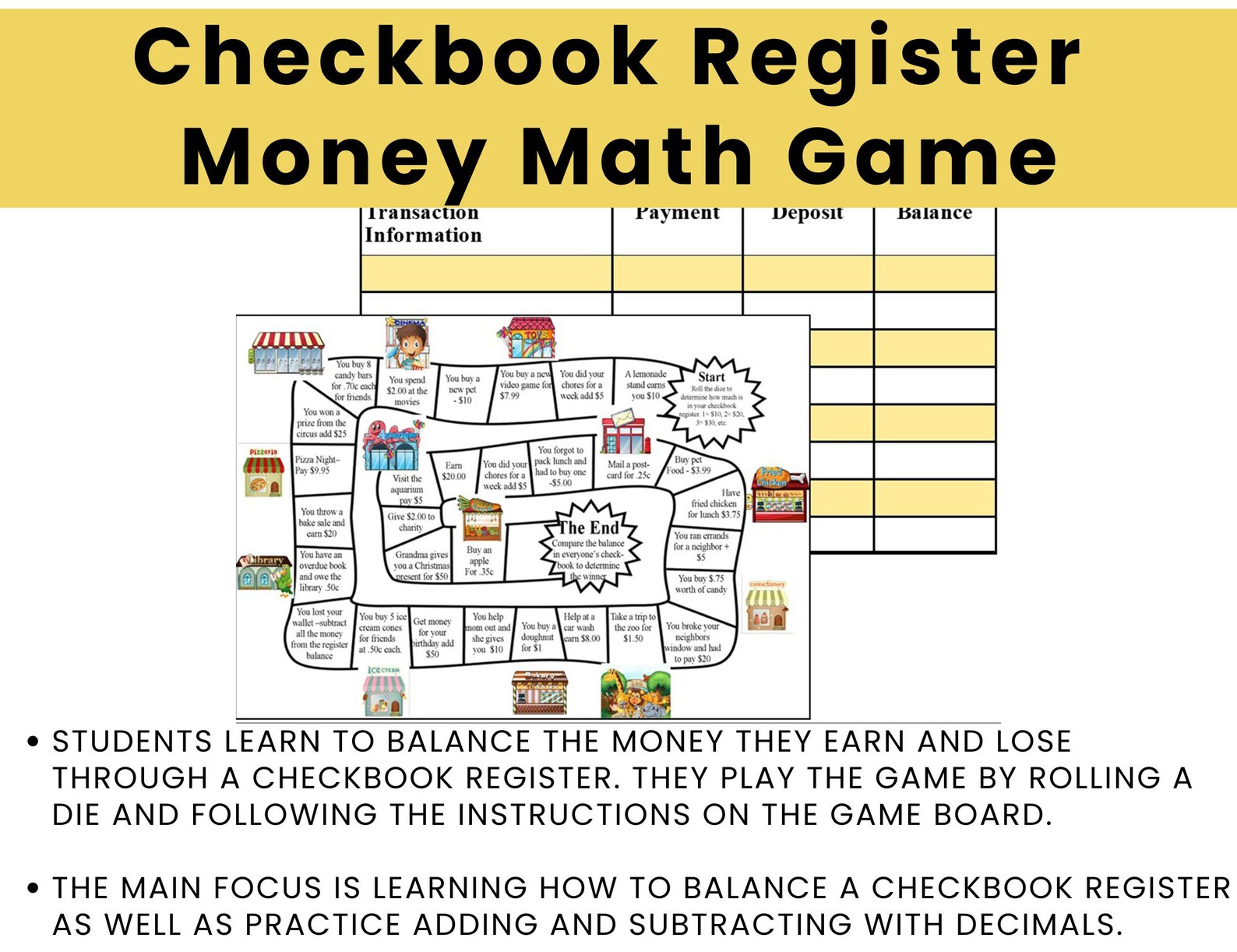 Checkbook Register Money Math Game – Printable Financial Literacy Board ...