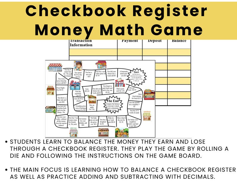 Checkbook Register Money Math Game – Printable Financial Literacy Board ...