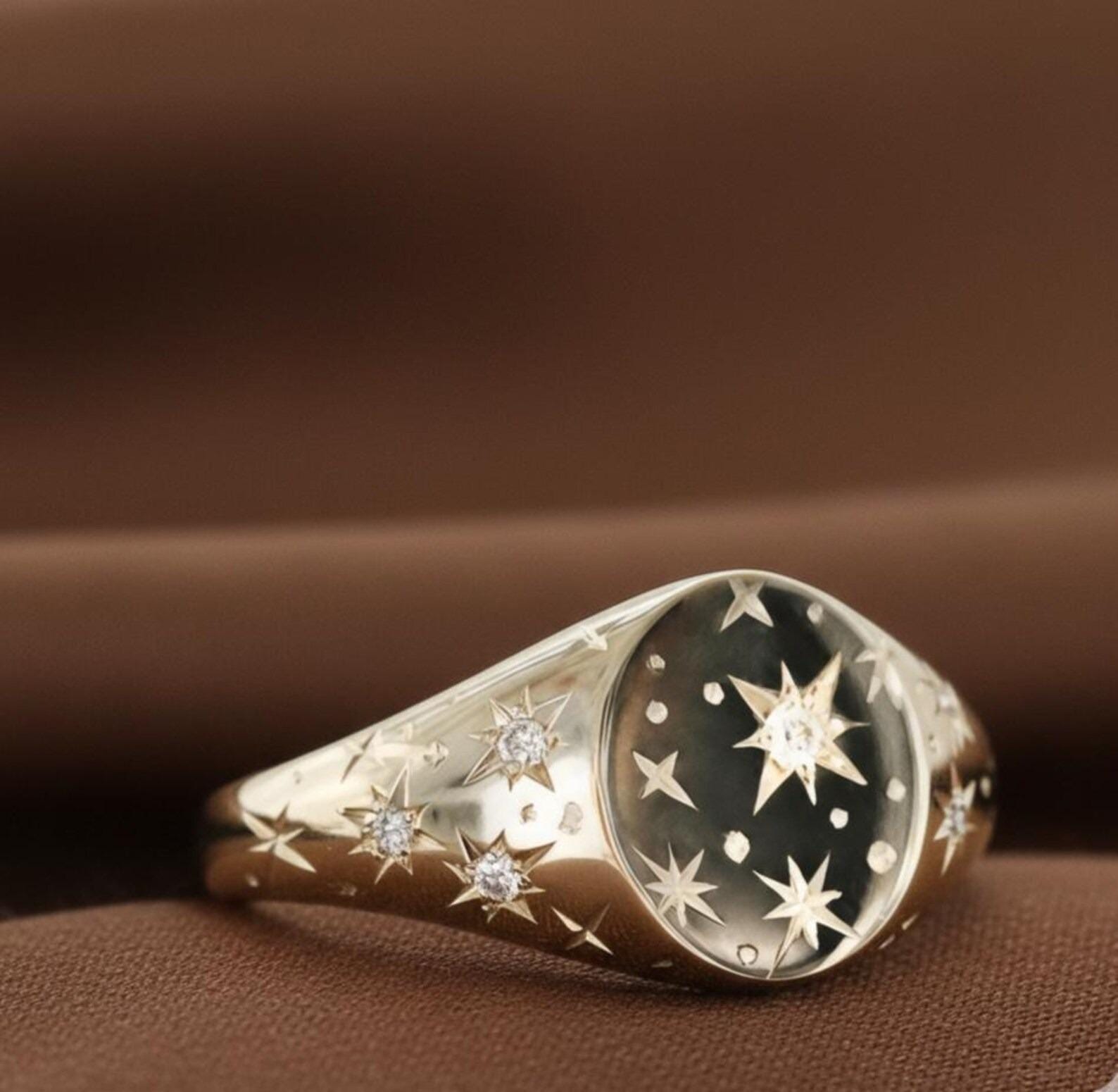 Vintage Celestial Signet Ring, 14k Solid Gold Star & Moon, Handmade - Etsy