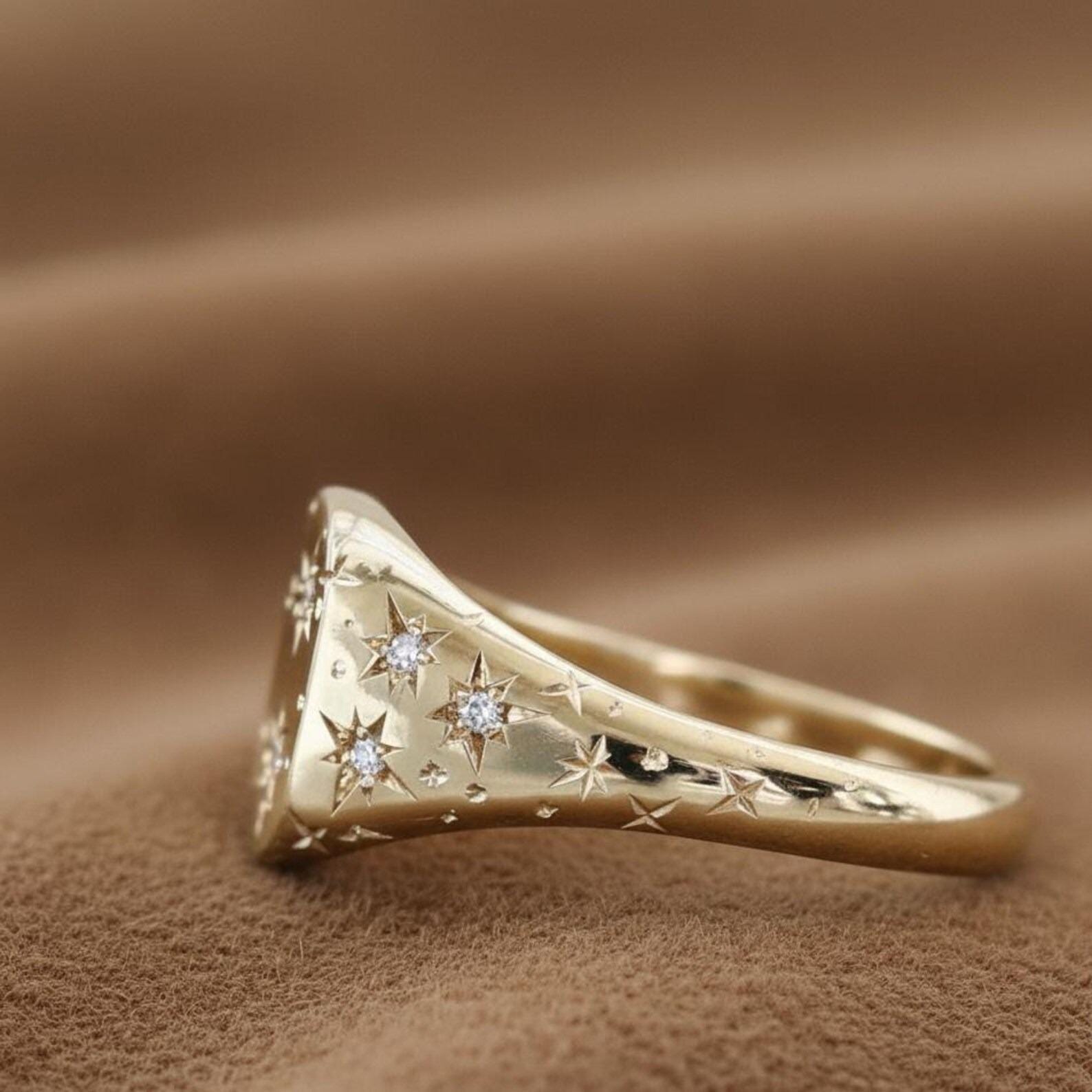 Vintage Celestial Signet Ring, 14k Solid Gold Star & Moon, Handmade - Etsy