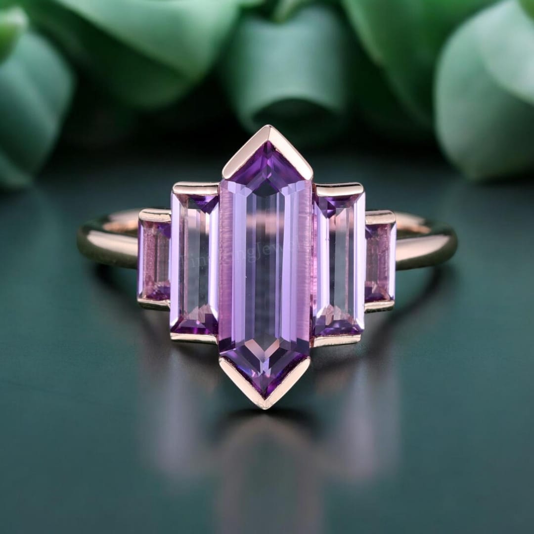 Hexagon Amethyst Ring: Rose Gold Baguette Vintage Engagement Ring - Etsy