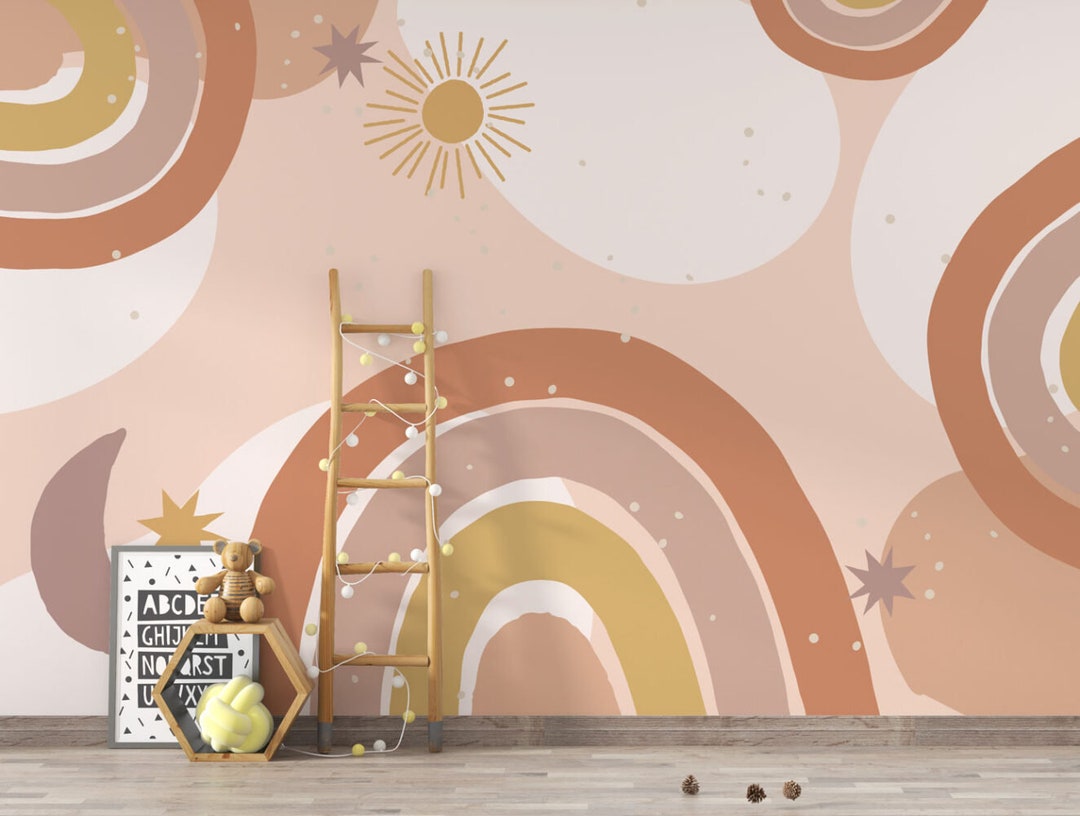 Boho Rainbow Wallpaper Peel and Stick Girls Nursey Wall Decor Kids Wall ...