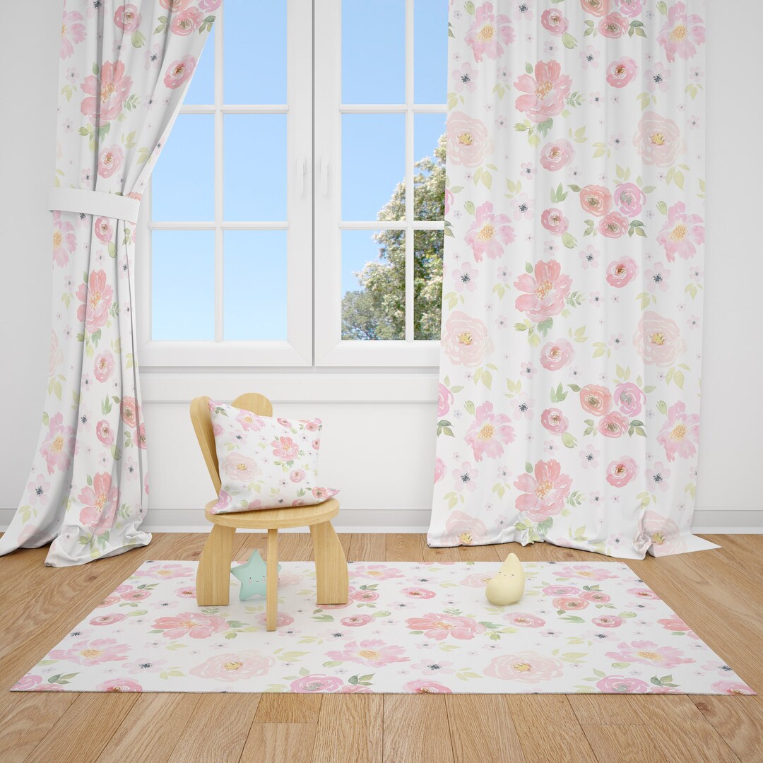 Watercolor Pink Florals Baby Girl Room Curtain Nursery Curtains Window ...