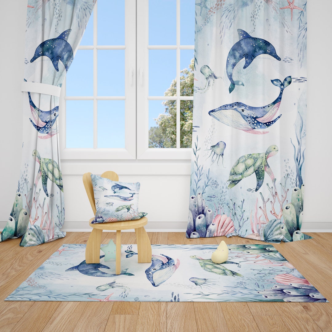 Watercolor Ocean Animals Baby Boy Room Curtain Nursery Curtains Window ...
