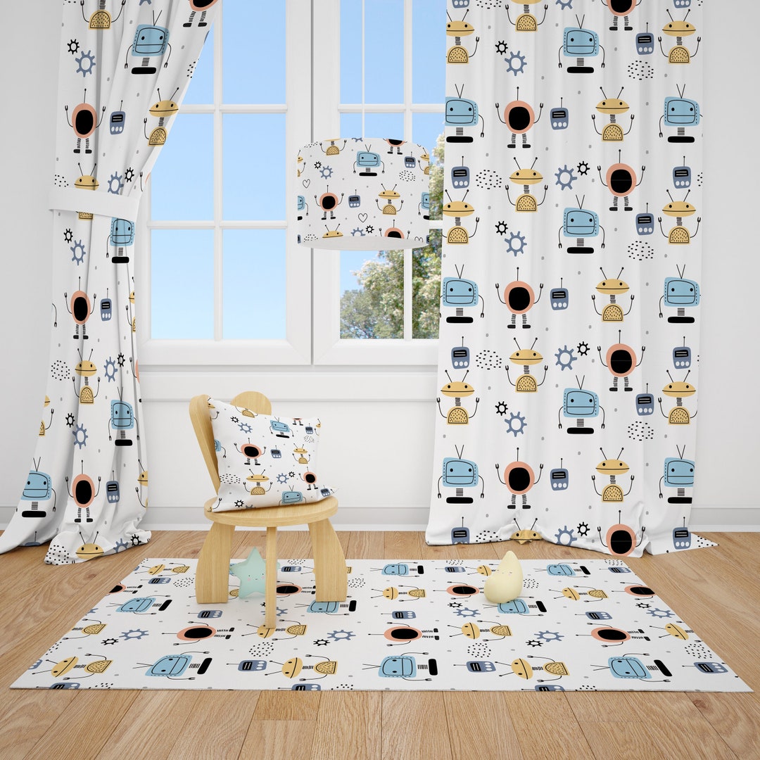 Watercolor Cute Robots Baby Boy Room Curtains Nursery Curtains Window ...