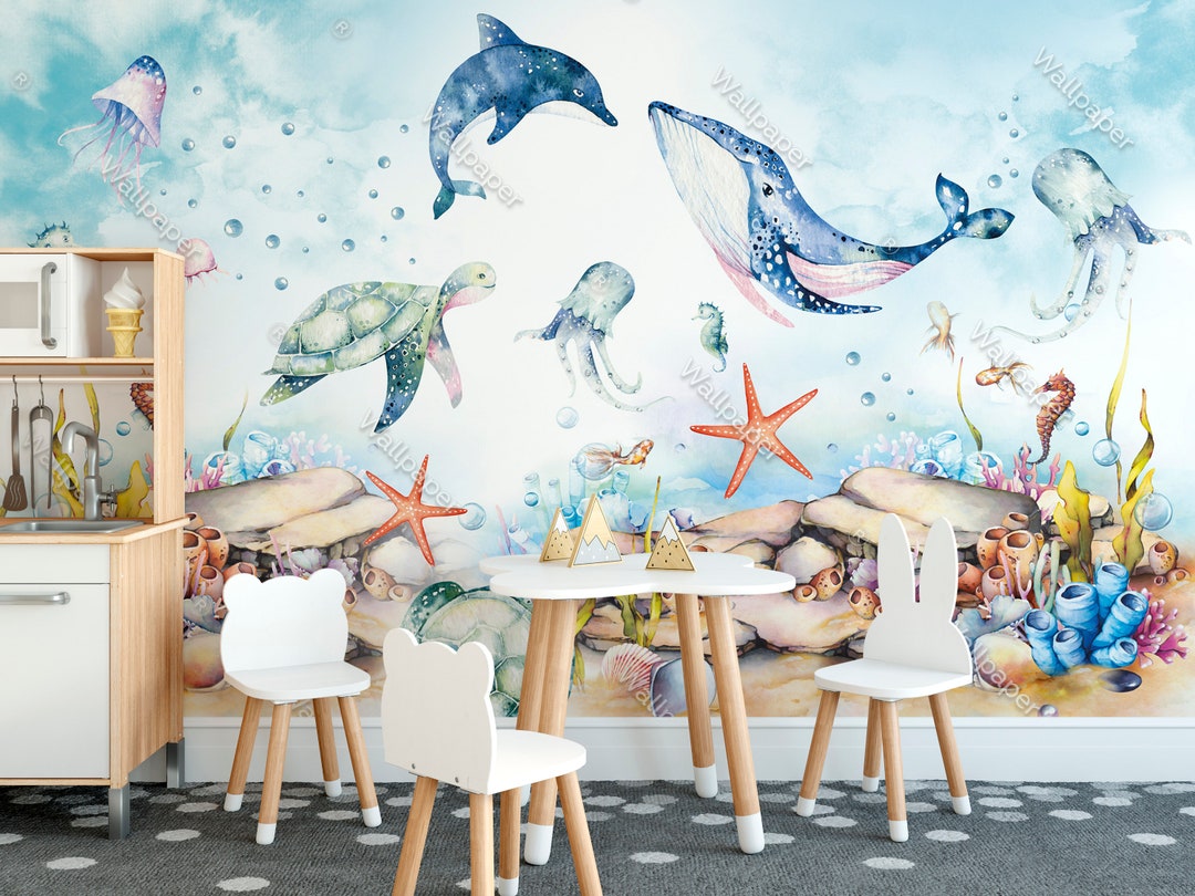 Watercolor Ocean Animals Wallpaper Peel and Stick Nursey Wall Decor ...