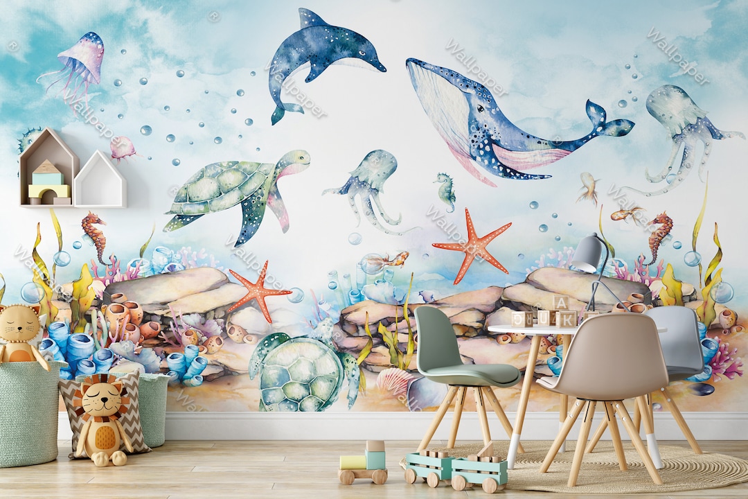 Watercolor Ocean Animals Wallpaper: Peel and Stick Nursery Decor - Etsy UK