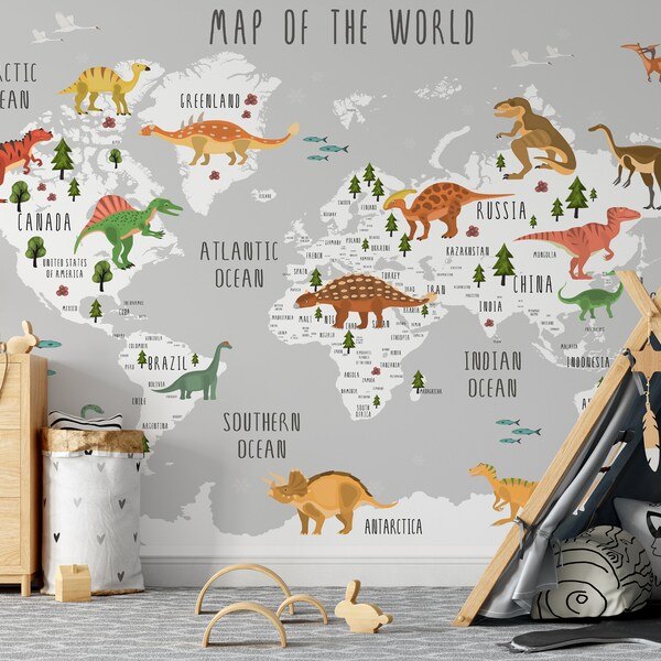 Mural Kids World Map With Dinosaurs Wallpaper Peel and Stick - Etsy