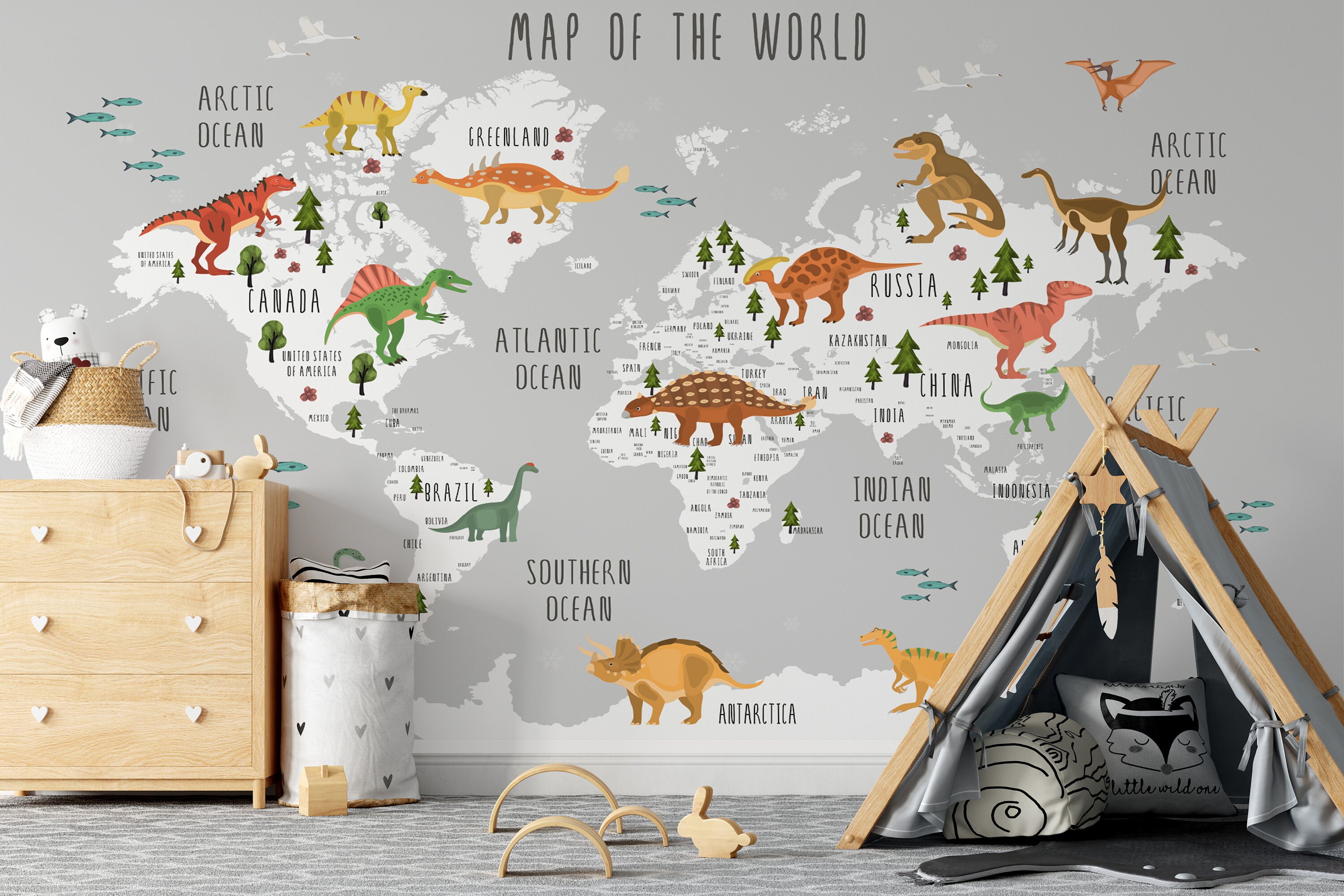 Dinosaurs World Map Wallpaper Peel and Stick Nursey Wall Decor - Etsy ...
