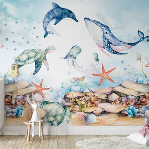 Watercolor Ocean Animals Wallpaper: Peel and Stick Nursery Decor - Etsy