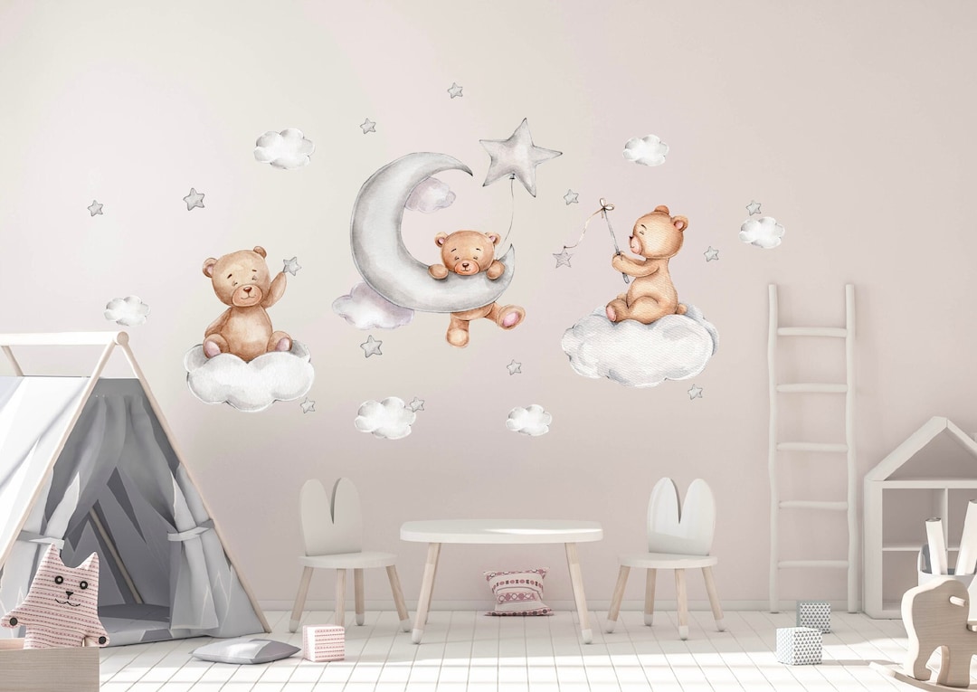 Watercolor Teddy Bear and Stars Wall Decal Kids Wall Sticker Nursery ...