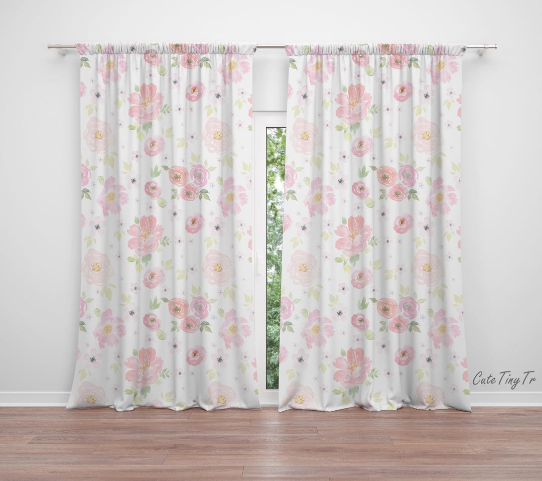 Watercolor Pink Florals Baby Girl Room Curtain Nursery Curtains Window ...