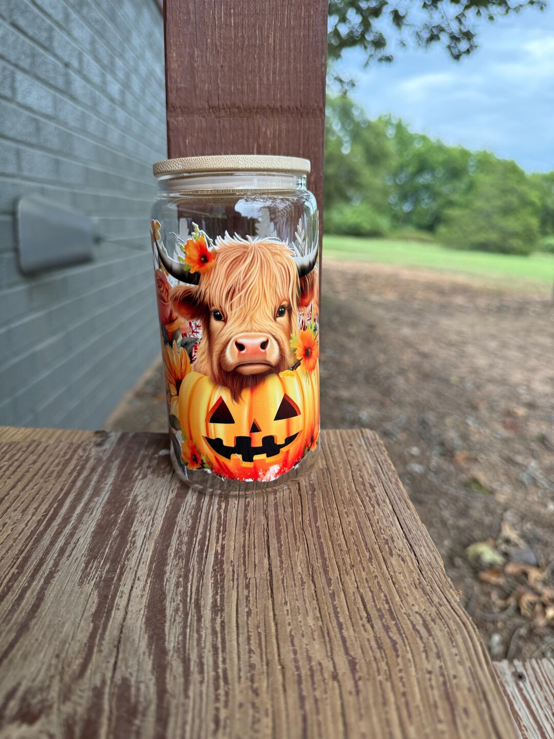 Highland Cow Jack-o-lantern Glass Tumbler: Bamboo Lid & Straw - Etsy UK