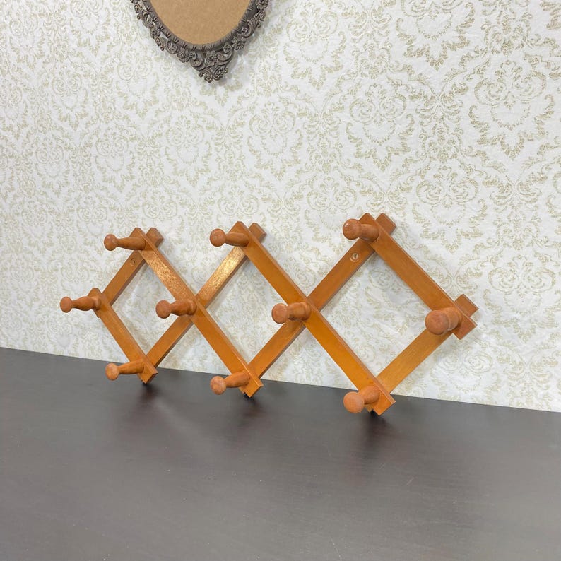 Wooden Expandable Coat Rack, Accordion Hanger, Brown Towel Hooks, Wall ...