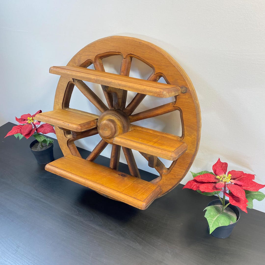 Vintage 3 Tier Wagon Wheel Shaped Shelf, Circle Wooden Decor, Big ...