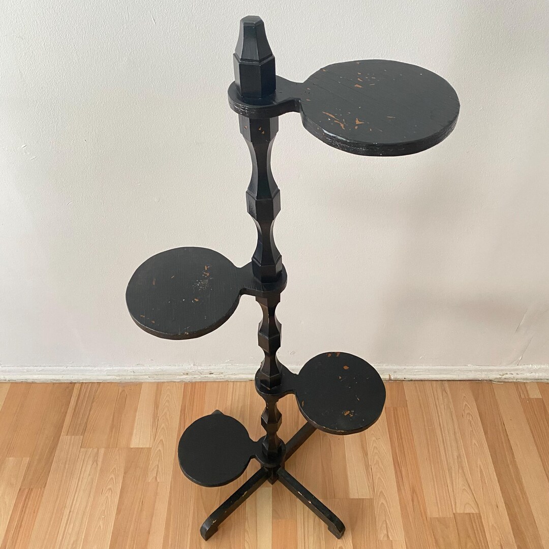 Vintage 4 Tiers Plant Stand Planter, Wooden Handmade Shelf, Black Vase ...