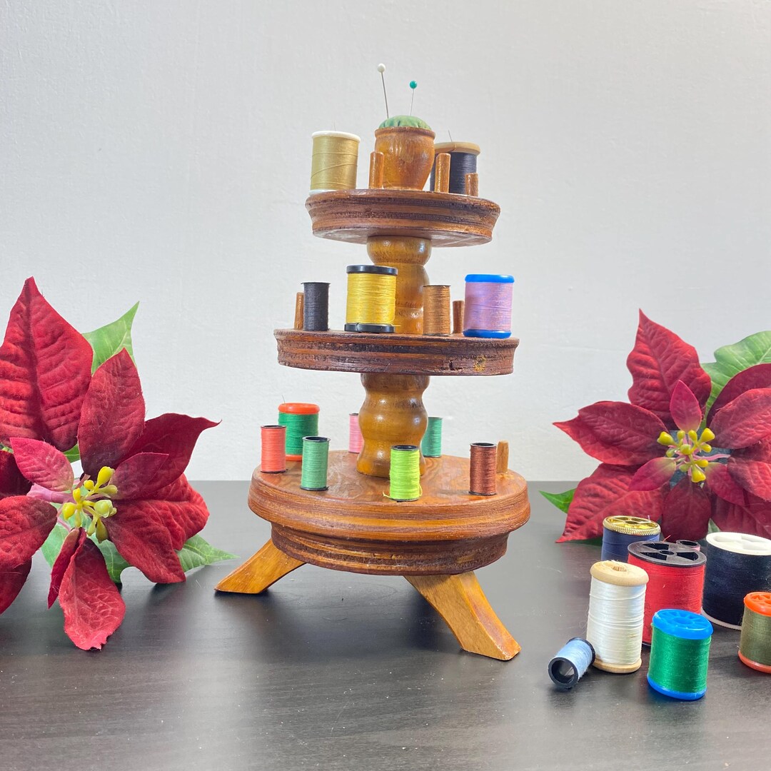 Wooden Sewing Thread Holder, Pincushion 3-levels Threads, Vintage ...
