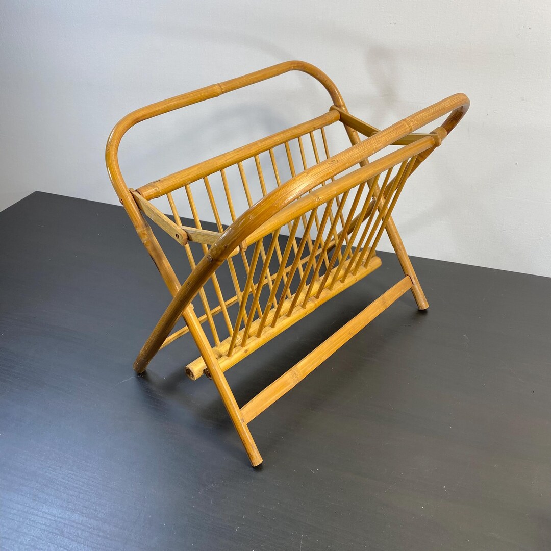 Vintage Rattan Magazine Rack, Wooden Newspaper Holder, Folding ...
