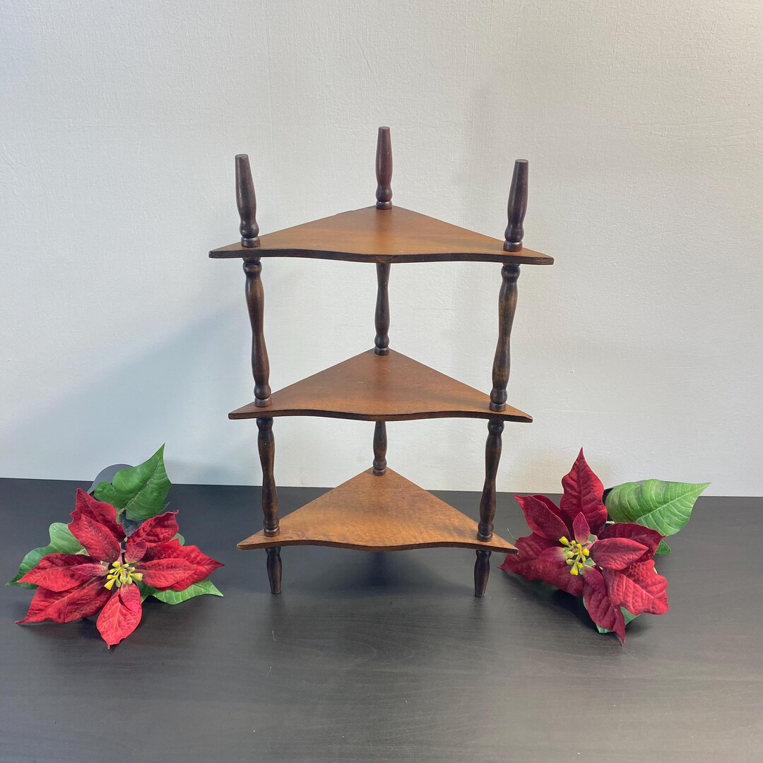 Wooden Corner Shelf, 3 Tiers, Triple Shelves, Bookcase Rack, Vintage ...