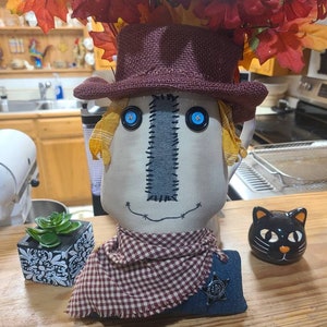 Handmade Primitive Denim Scarecrow Shelf Sitter, Fall, Autumn Home ...
