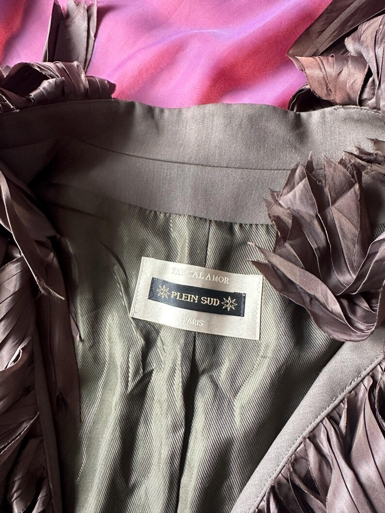 1990s Vintage Plein Sud by Faycal Amor Fringed Brown Wool Blazer Size ...