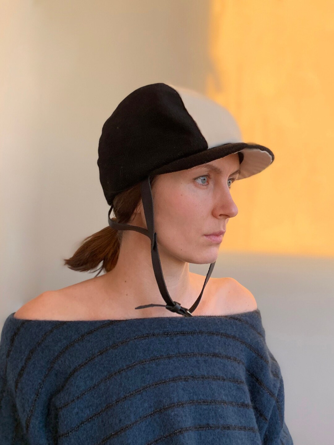 Black and White Riding Helmet, Cloth Autumn Hat With Belt - Etsy