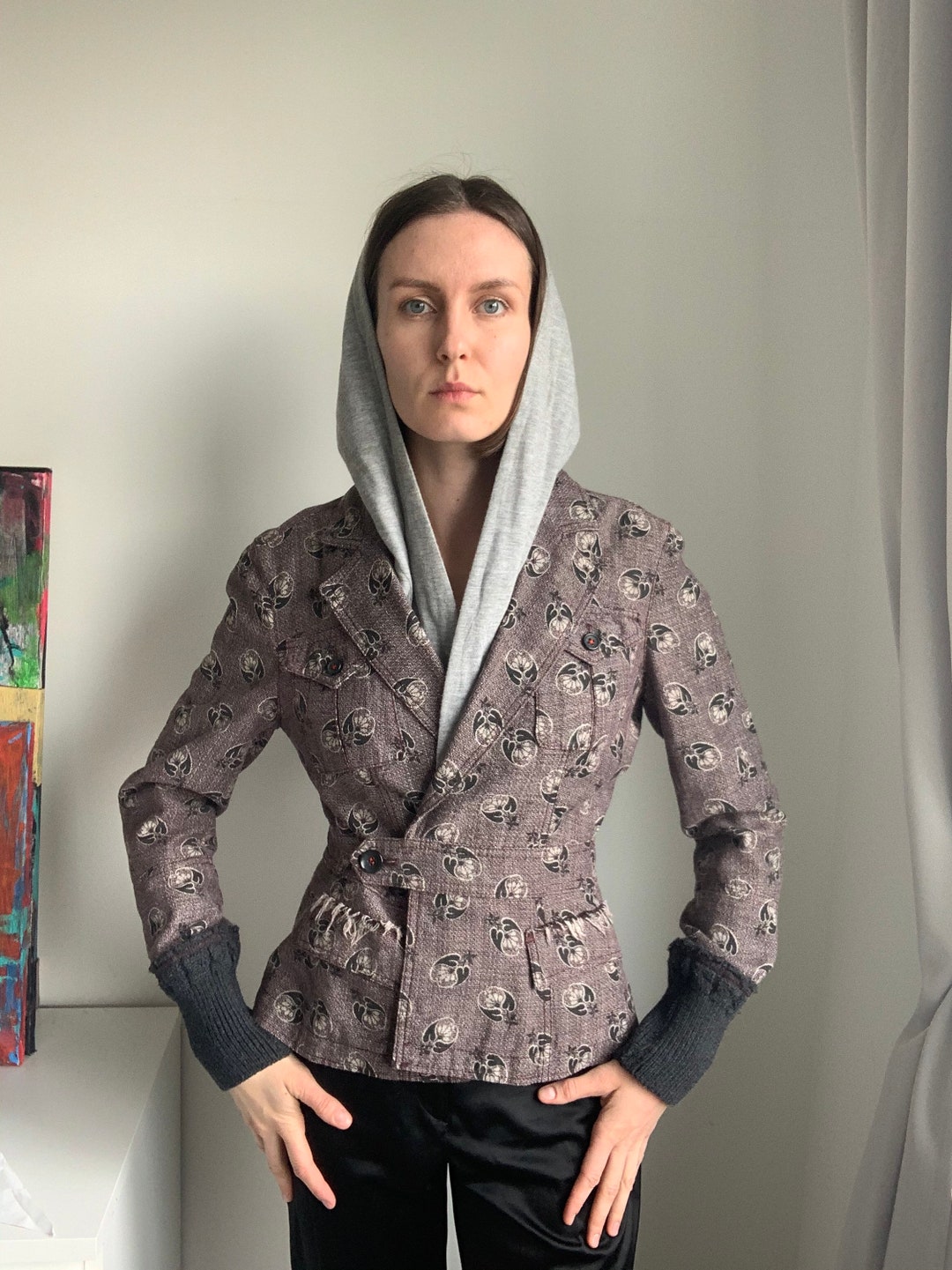 2000s Hugo Boss Orange Hooded Jacket, Gray Patterned Blazer Size Small ...