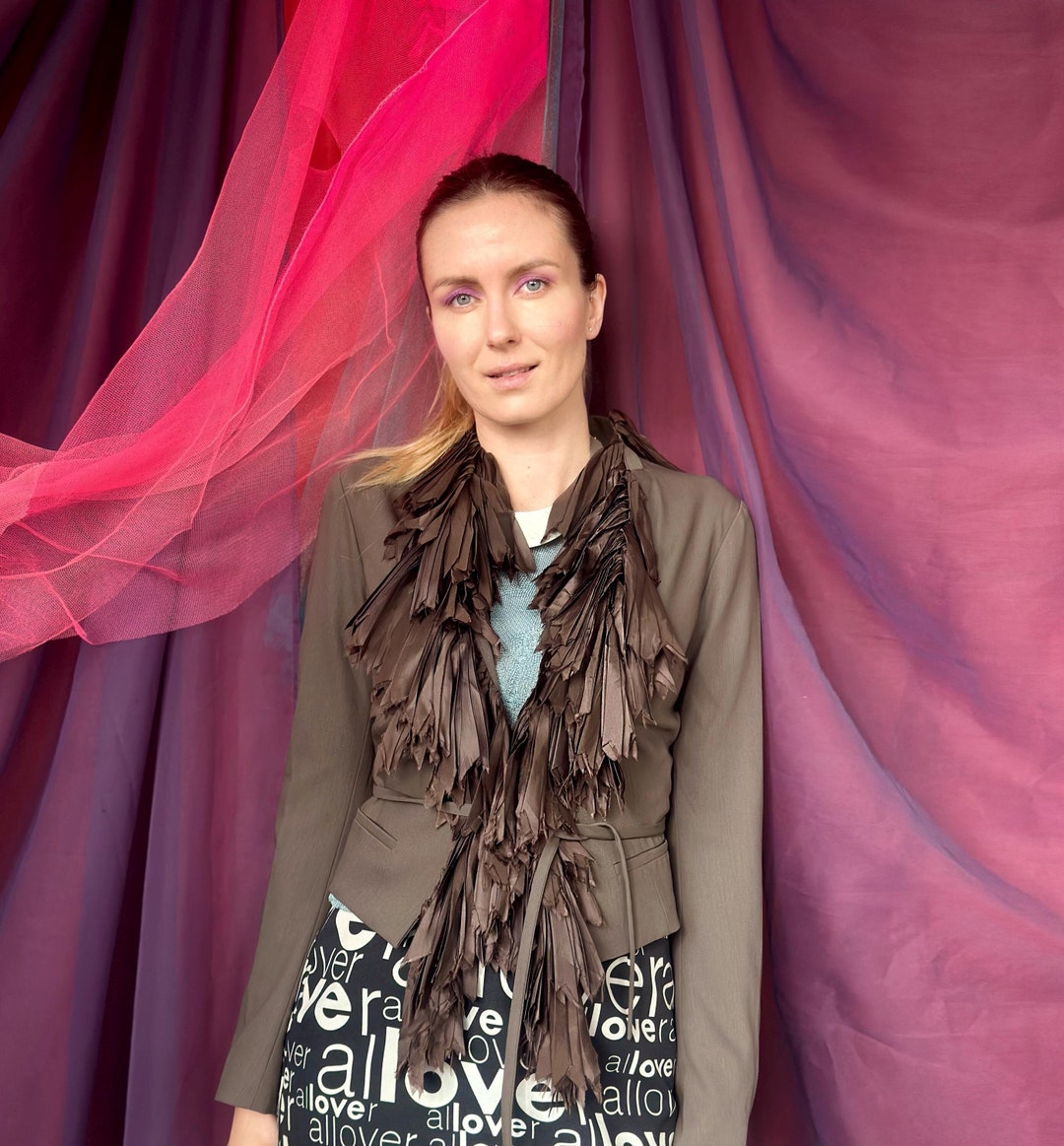 1990s Vintage Plein Sud by Faycal Amor Fringed Brown Wool Blazer Size ...