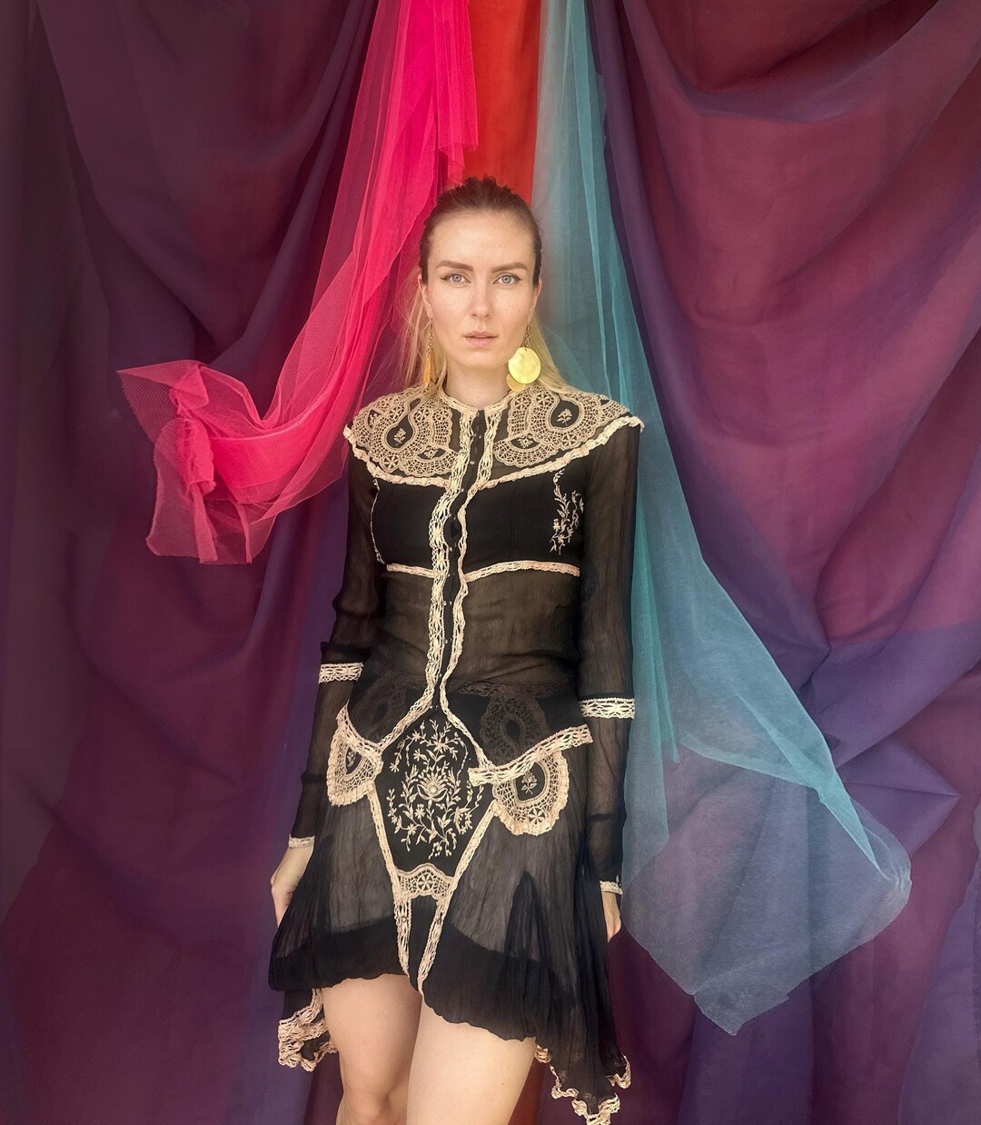 2000s Amuleti Boho Black Silk Embroidered Tunic Blouse, Size Small to ...