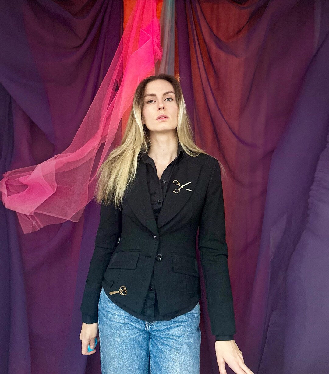 Rare 2000s Moschino Black Wool Blazer With Decorative Scissors Detail ...