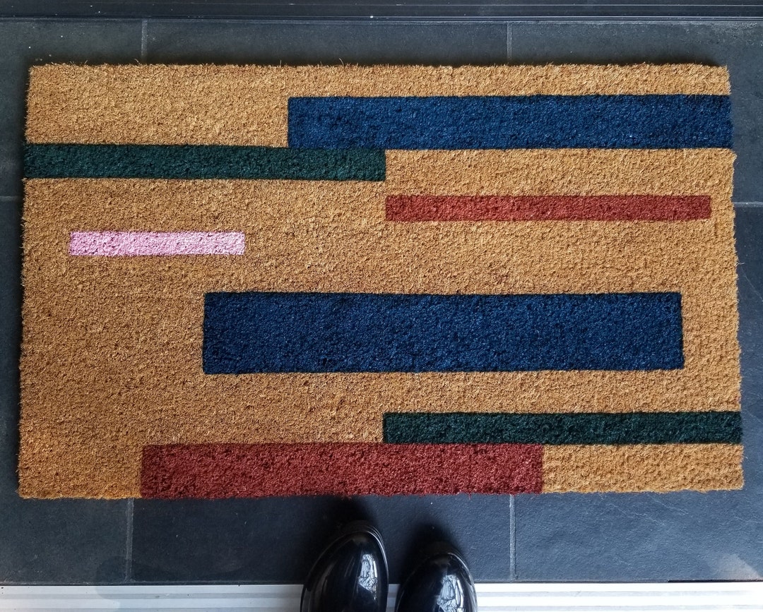 Midcentury Mod Colored Outdoor Mat With Bold Stripes and Pop of Pink ...