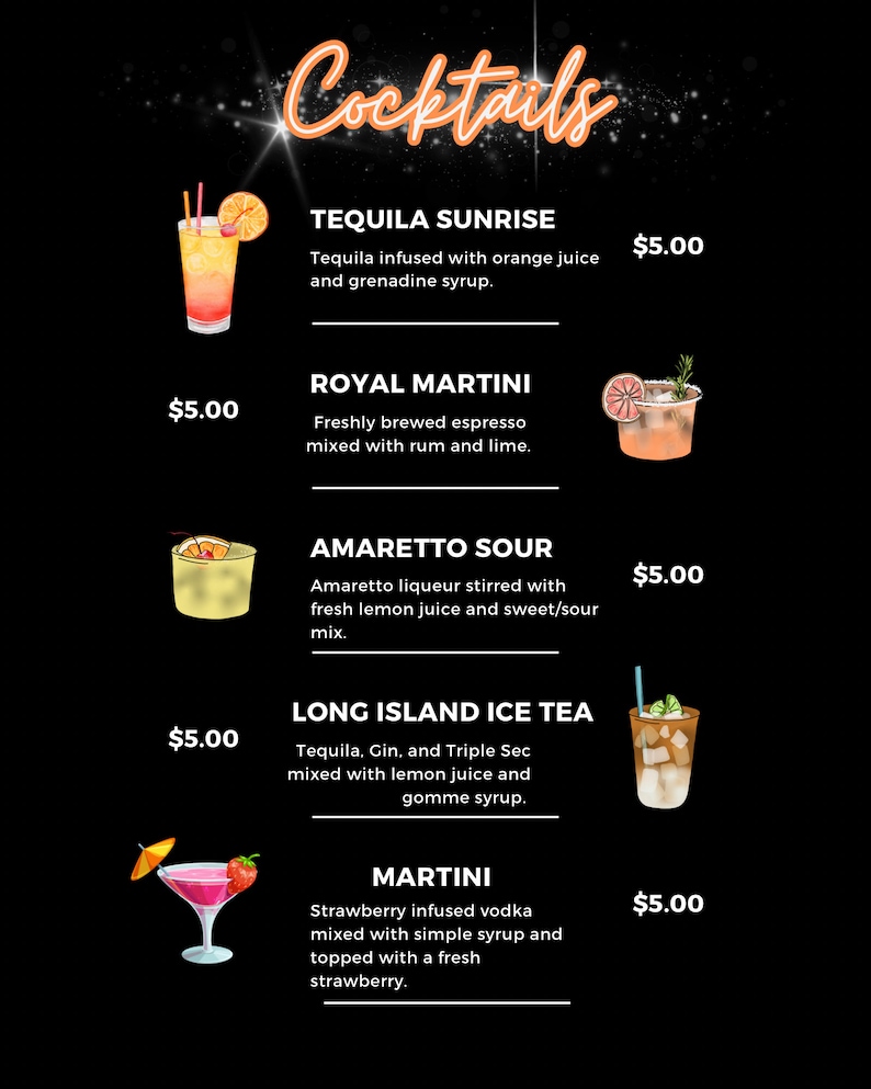 Editable Digital Cocktail Menu Template - Etsy