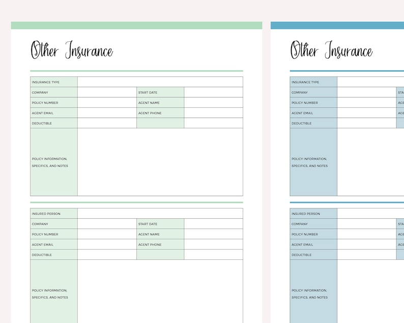 Insurance Tracker Printable Insurance Tracking Template | Etsy